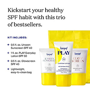 Supergoop! SPF Bestsellers Starter Kit - Reef-Friendly, Broad Spectrum Sunscreen for Face & Body - Includes Play Everyday Lotion SPF 50, Unseen Sunscreen, Glowscreen SPF 40 & Reusable Pouch