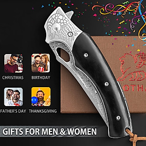 LOTHAR Damascus Pocket Knife for Men, 8.03" VG10 Folding Knife with Retro Leather Sheath,Sandalwood Handle, Classical Bolster, Lanyard Hole, EDC Knife Anniversaries, Christmas, elegant gifts for Men (Black)