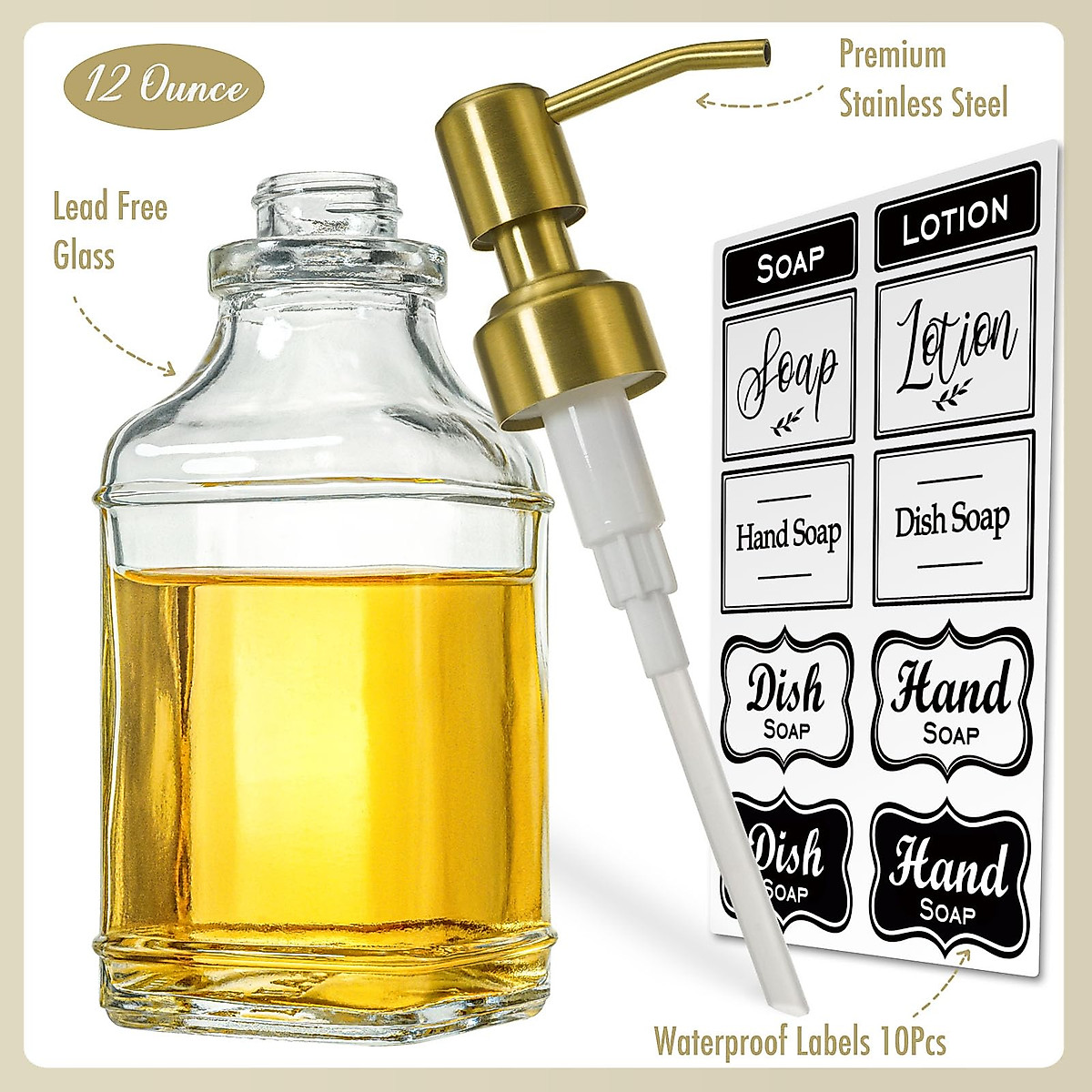JASAI Antique Square Glass Soap Dispenser with Golden Rust Proof Pump, Refillable Soap Dispenser with 10Pcs Stickers for Kitchen, Dish Soap Dispenser for Kitchen Bathroom Soap, Hand soap, Lotion.