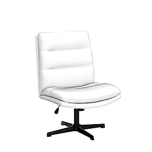 LEMBERI PU-Padded Armless Office Desk Chair No Wheels,High-Back Wide Seat Home Chair,120° Rocking Cross Legged Computer Task Chairs,Modern Adjustable Swivel Vanity Chairs (White)