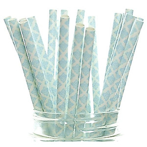 Light Aqua Baby Blue Damask Floral Straws (25 Pack) - Boy Baby Shower Supplies, Victorian Damask Party Straws, Wedding Vintage Straws, Flower Swirl Paper Straws
