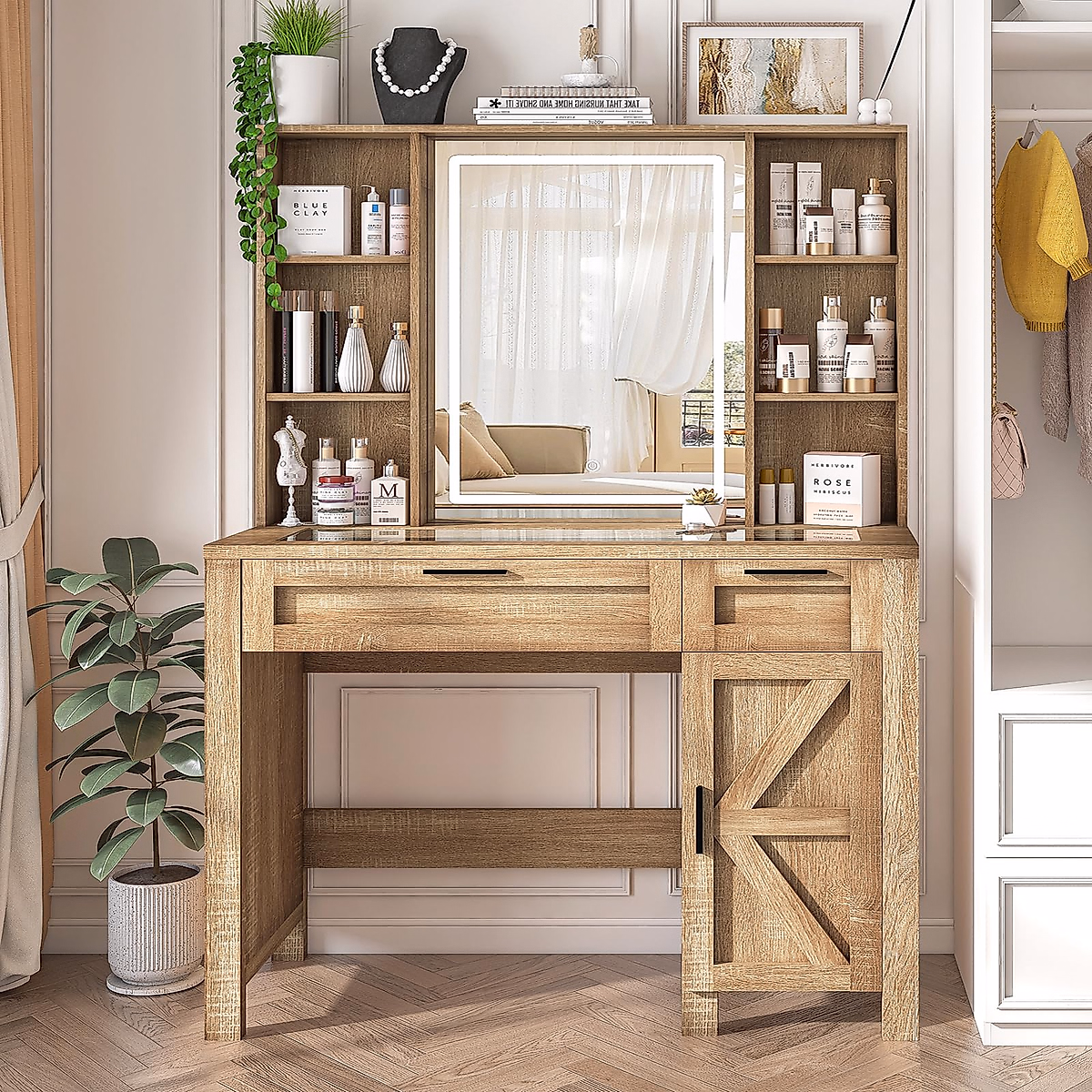 usikey Farmhouse Makeup Vanity Desk with Mirror and Lights, Glass Tabletop Makeup Vanity with Adjustable Shelves, Vanity Table Set with 2 Drawers and Side Cabinet for Bedroom, Maple