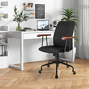 Giantex Home Office Desk Chair Black, Vintage Adjustable Swivel Rolling Chair with Copper Wheels & Armrest, Mid Century Leisure Chair, Velvet Upholstered Computer Chair for Work, Study