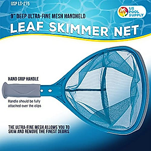 U.S. Pool Supply Professional Spa, Hot Tub, Pool Hand Leaf Skimmer Net with Grip Handle - 9" Deep Ultra Fine Mesh Netting Bag Basket, Skim & Remove The Finest Debris - Pond, Small Kid Inflatable Pool
