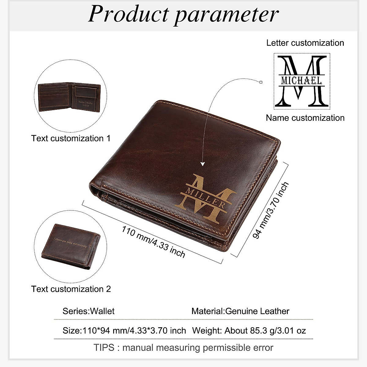 Jewelstruck Personalized Leather Wallet for Men Custom Name Initials Text Bifold Engraved Wallet Mens Wallets Gifts for Dad Husband Fiance Boyfriend Brother Birthday Anniversary Fathers Day (Style 1)