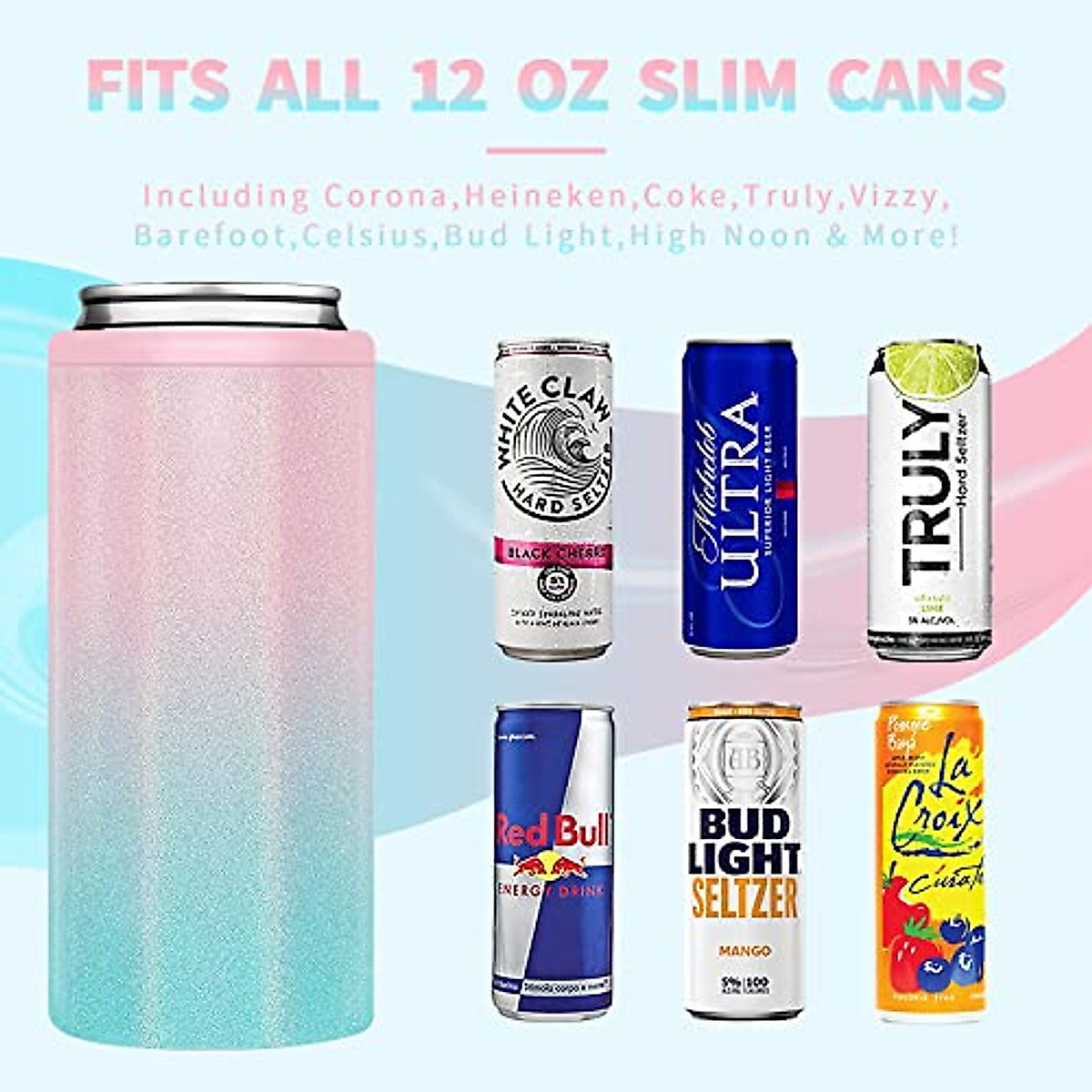 Fanfeigo Slim Can Cooler for Skinny Beer Beverage Stainless Steel Double Wall Vacuum Insulated Drink Holder for 12 oz Regular or Slim Cans & Bottles Cooler (Shiny Pink-Blue)