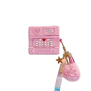 Cute Silicone Girly Pink Pro Clasic Retro Telephone Shaped Headphone Case Compatible with Airpods Pro and Airpod3 Headphones Funny Cover with Ball Pom Pom Keychian for Girls Women Best Gift