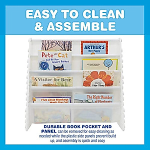 UNiPLAY Kids 4-Tier Book Storage Organizer with Sling Book Pockets, Plastic Sling Rack Bookshelf for Playroom, Fits Blocks, White