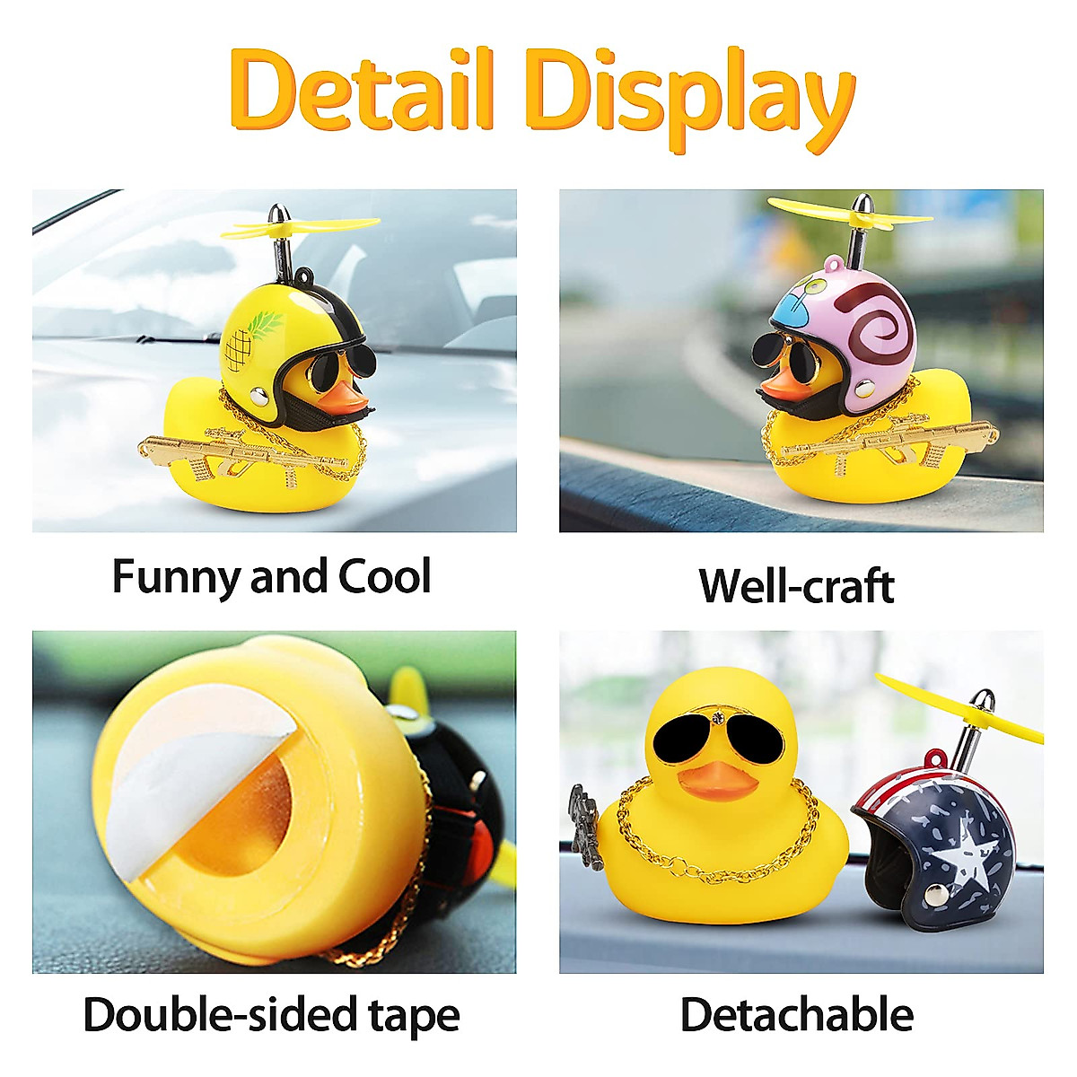 wonuu 3 Pack Car Rubber Duck Cute Yellow Wind-Breaking Ducks Dashboard Decorations Small Ornaments with Propellers Glasses Gold Chain (Yellow-Snail&Pineapple&Stars and Stripes)