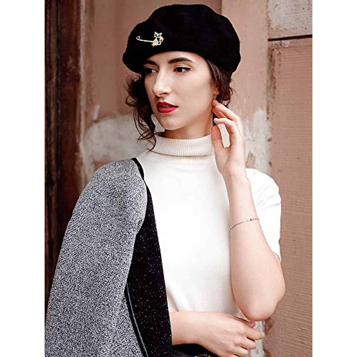 6 Pieces Wool Beret Hat Solid Color French Beanie Hat with Silky Scarf Brooch (Black and Beige)