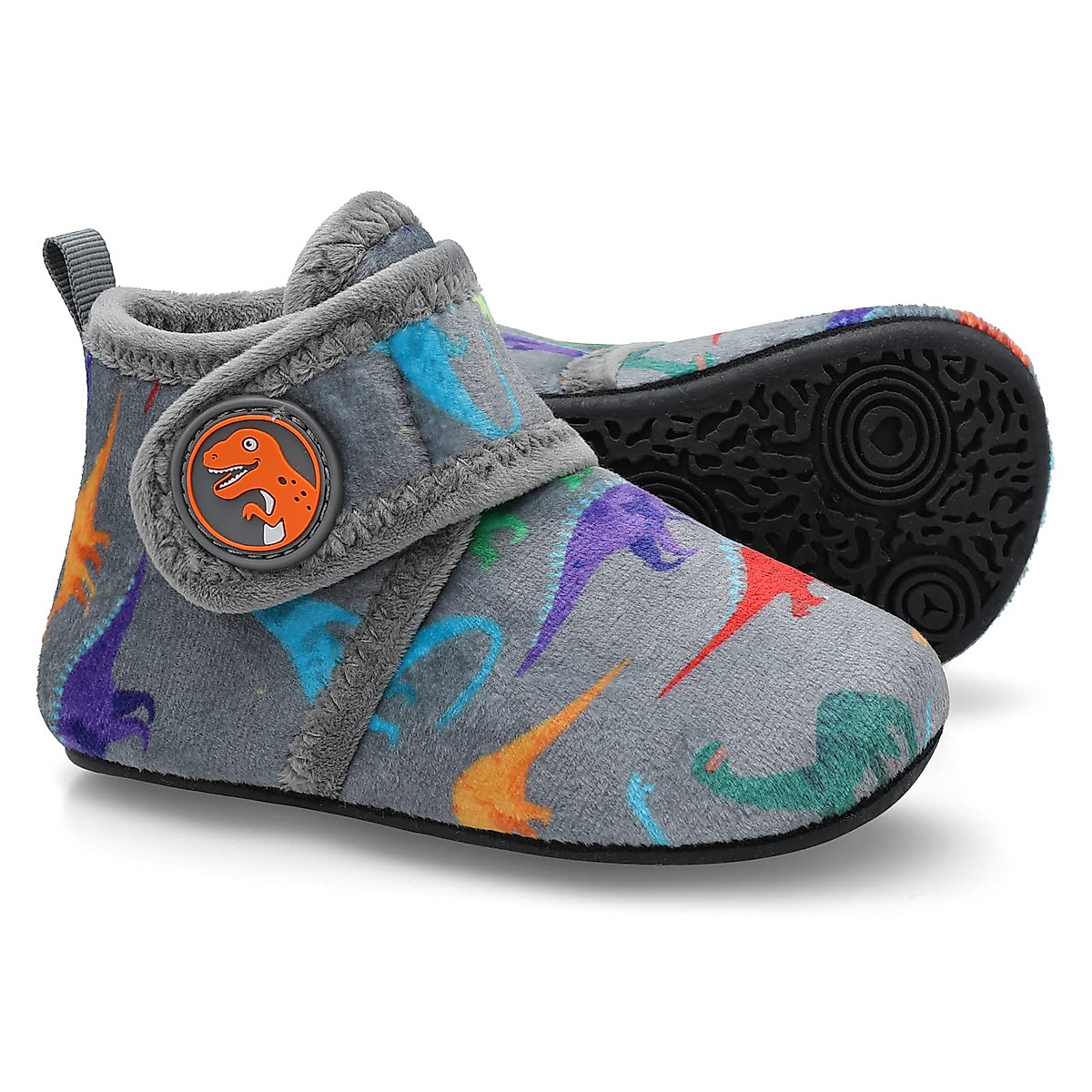 Scurtain Unisex Kids Toddler Slippers Socks Fleece Slippers for Boys Girls Baby Artificial Woolen Booties with Non-Slip Rubber Sole slippers for toddler kids slippers Grey/Dino 5.5-6 Toddler