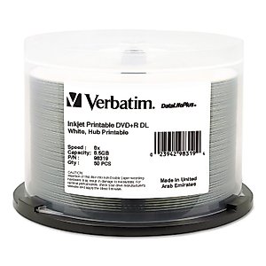 Verbatim DVD+R DL 8.5GB 8X DataLifePlus White InkJet Printable, Hub Printable - 50pk Spindle - 98319