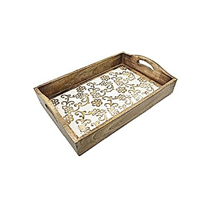 Hand Carved Wooden Breakfast Serving Tray with Handle for Breakfast Tea Snack Dessert | Kitchen Dining Serve-Ware Accessories | 15 x 10 Inches|2044