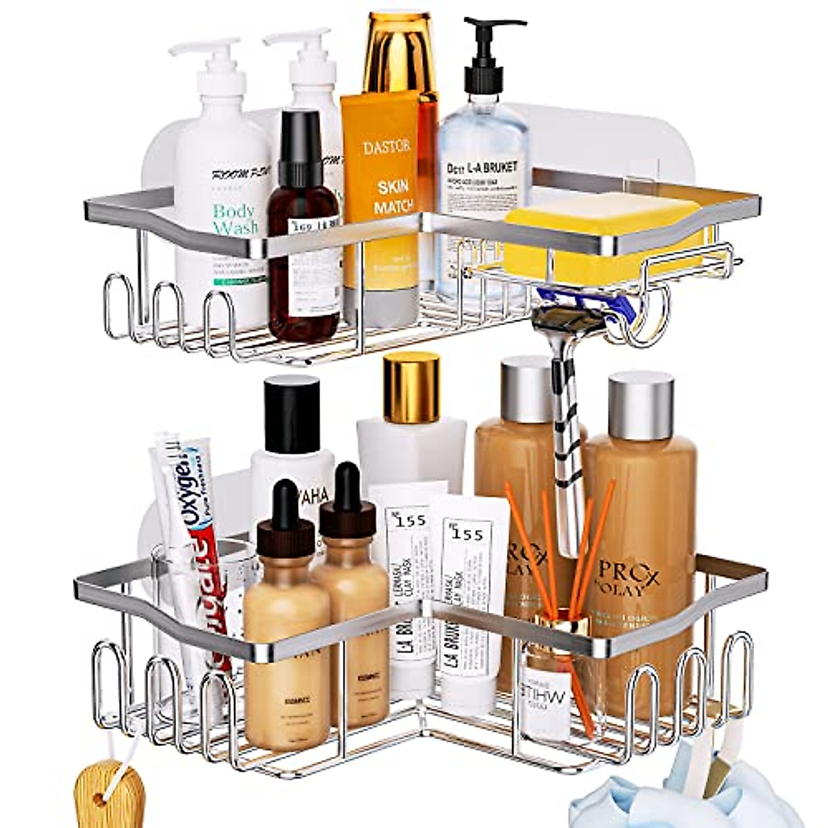 Shower Caddy Corner with Soap Holder, 2 Pack Stainless Steel Shower Organizer Corner with 11 Hooks, No Drilling & 6 Strong Adhesives Corner Shower Shelf Bathroom Organizer for Shower Room, Silver