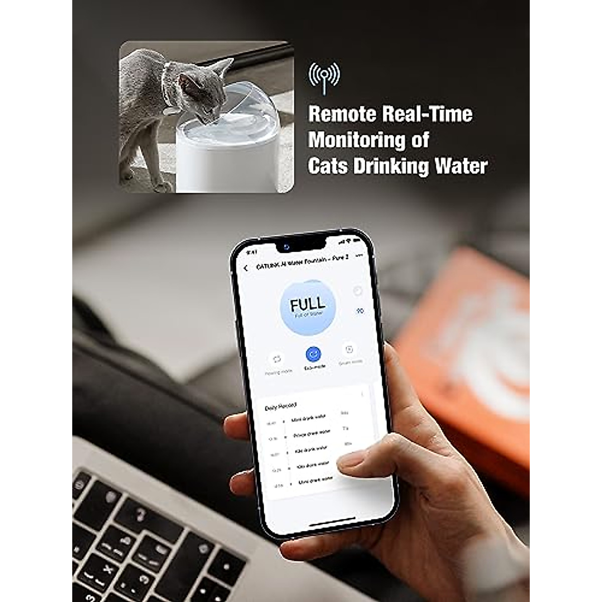 CATLINK Cat Water Fountain with Wireless Pump, 91.71oz/2.6L, Ultra Quiet, Ultrafiltration, Health Monitoring, for Cat Inside, App Control, Automatic Pet Drinking Fountains, CATLINK Pure 2
