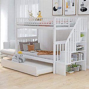 Harper & Bright Designs Bunk Beds Twin Over Twin Size, Solid Wood Bunk Beds with Trundle and Stairs for Kids,Teens,Adults (White, Bunk Bed with Trundle)