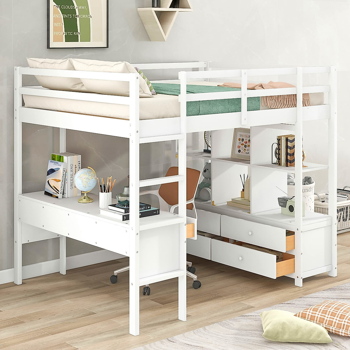 Full Loft Bed with Desk and Storage Cabinet, Wood Full Size Loft Beds Frame with Bookcase and Shelves, Modern Full Loft Bed for Kids Teens Adults Boys Girls (Loft Bed Full Size, White)