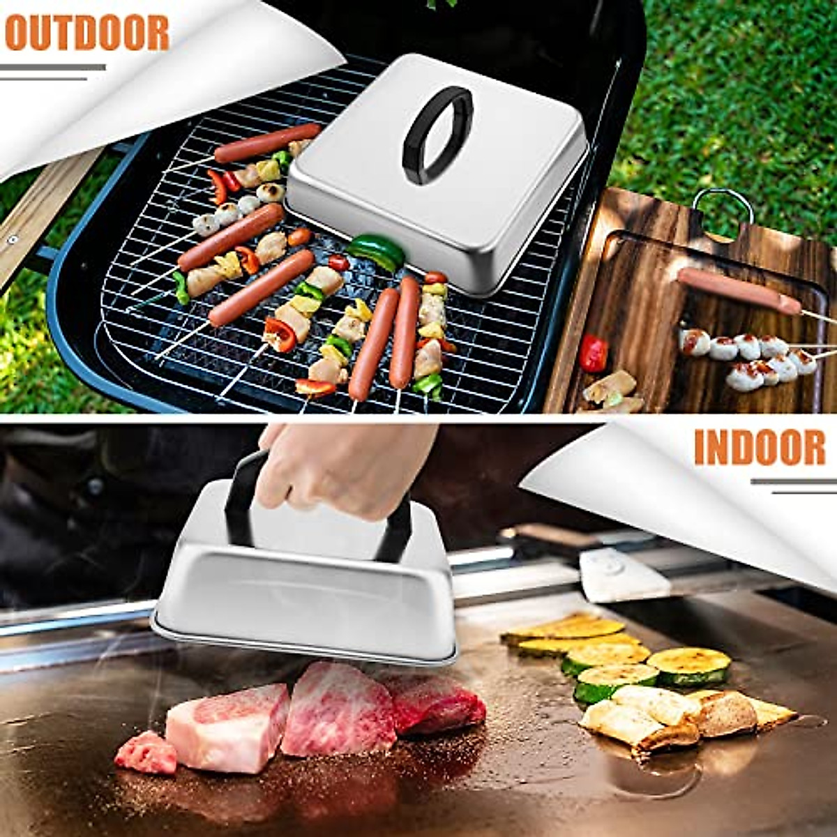 Joyfair 3 Pcs Cheese Melting Dome, Square Basting Covers Lids for Outdoor Griddle Grill Barbecue & Indoor Flat Top Teppanyaki, Heavy Duty Stainless Steel & Heat-Resistant Handle (6.2 Inch & 9.4 Inch)