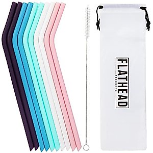 Bent Reusable Silicone Straws (Set of 10) and Cleaning Brush - Flexible, Long, Color Bendy Straws - For 20oz-32oz Tumblers & 30oz Smoothie Cups - Dishwasher Safe, Kid Friendly, and Easy to Clean