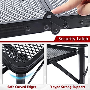 JOUYEK Folding Grill Table, 3x2 FT Portable Camping Table with 2 Wing Panels, Height Adjustable Metal Tables with Mesh Desktop and Mesh Bag, Outdoor Furniture for Camping, Picnic, Beach and BBQ, Black