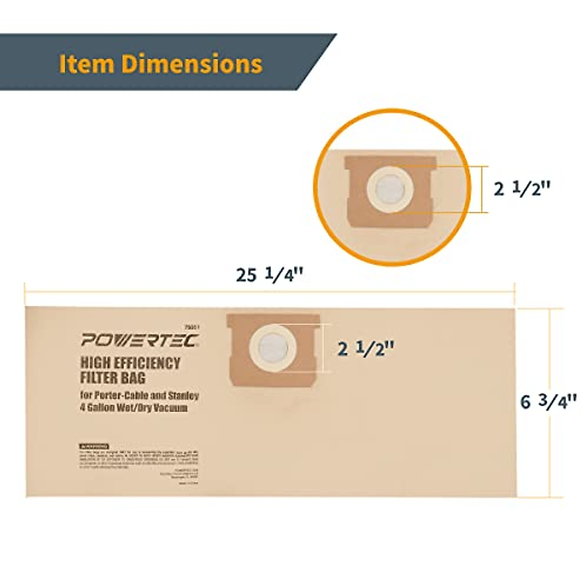 POWERTEC Shop Vacuum Bags 3PK for Stanley 25-1238/ Porter Cable PCX18301-4B, SL18301-3B 4 Gallon Vacuum Bags, Replacement Filter Bags for Stanley & Porter Cable Shop Vacuum Accessories (75051)