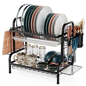 iSPECLE Dish Drying Rack - 2-Tier Dish Rack with Utensil Holder, Cutting Board Holder and Dish Drainer, Metal, for Kitchen Counter, Black