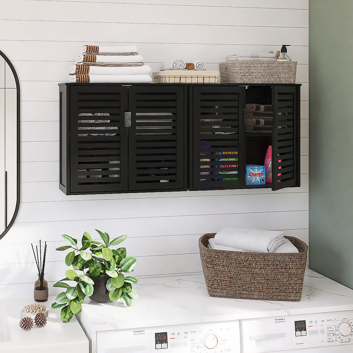 HITNET Black Bathroom Storage Cabinet, Hanging Medicine Cabinet with Adjustable Shelf, Bamboo Over The Toilet Wall Mounted Space Saver Organizer, Double Doors