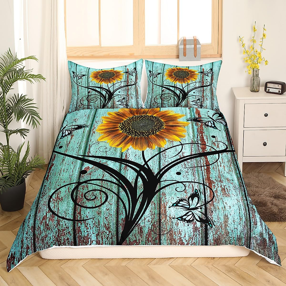 Adults Rustic Farmhouse Floral Duvet Cover Queen Country Butterfly Sunflower Bedding Set For Women Men Retro Grunge Turquoise Barn Door Comforter Cover Spring Nature Flower Botanical Bed Set 3 Pcs
