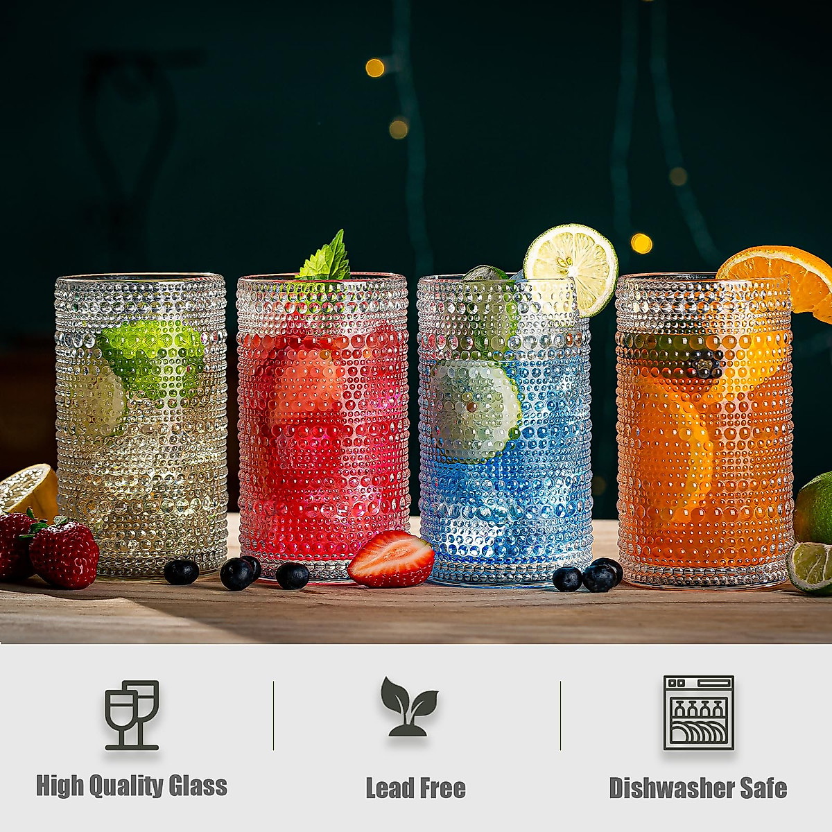 wookgreat Drinking Glasses, 8 pcs Embossed Designed Glass Cups, 15oz Highball Glasses, Tall Water Glass Tumbler, Mojito Cups, Cocktail Glass, Vintage Glassware Set for Water, Juice, Cocktail, Whiskey