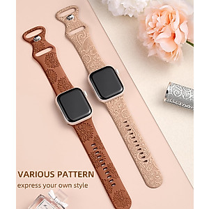 Odbeai Floral Engraved Band Compatible with Apple Watch Bands for Women 38mm 40mm 41mm 42mm 44mm 45mm 46mm 49mm,Soft Silicone Cute Pattern Sport Strap for iWatch Bands Women Series 10 9-1 SE Ultra1/2