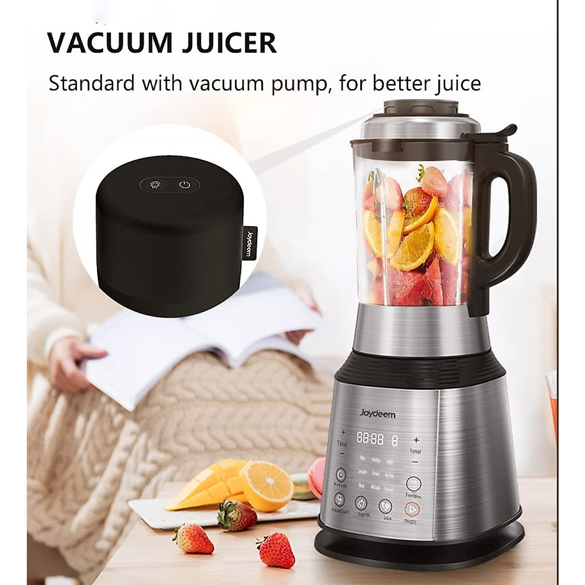 Joydeem Countertop Blender VK-1802, Cooking Blender for Soy Milk Soup Porridge and Milkshake, Juicer with Vacuum Pump, Support Pre-set & Keep Warm, 59Oz,1000W, Black