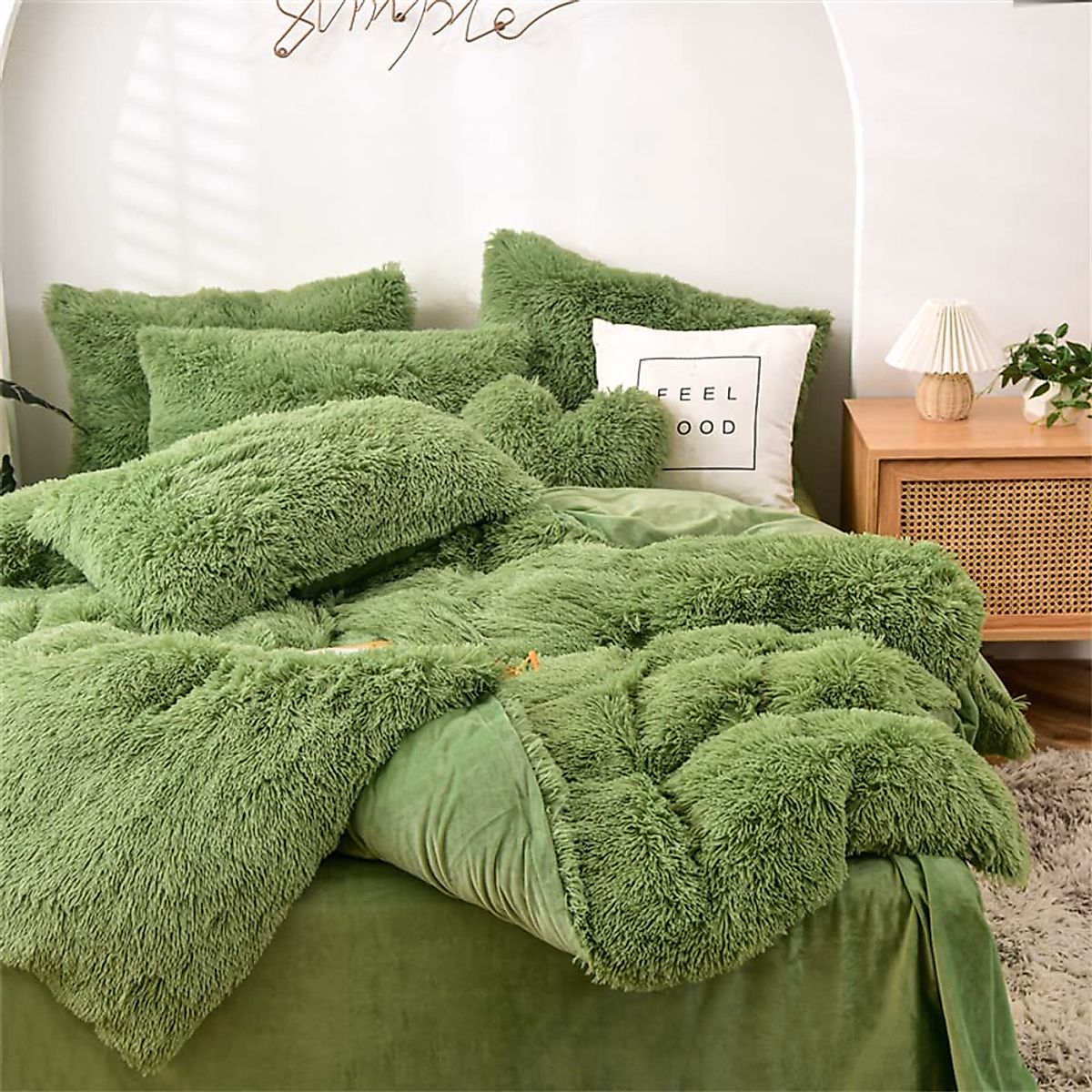 HLGBED Plush Shaggy Duvet Cover Set Full Luxury Fluffy Faux Fur Comforter Cover Set Ultra Soft Fuzzy Velvet Warm Tie Dye Bedding Set 3Pcs (1Duvet Cover + 2Pillowshams) Green