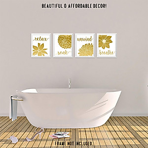 Simple Relax Soak Unwind Breathe Gold Blend Floral Prints, 4 (8x10) Unframed Photos, Wall Art Decor Gifts for Home Office Salon Lounge Bathroom School College Student Coach Yoga Garden Flowers Fan