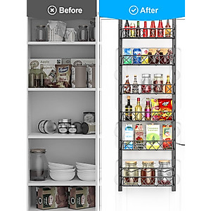 Fulpower Over the Door Pantry Organizer, 6+1 Pantry Door Organizer with Adjustable Basket, Metal Spice Rack Storage for Kitchen Pantry Black (Black 6 Tier)