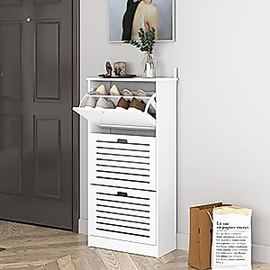 Hommoo Shoe Cabinet with 3 Flip Louvered Door Wood Shoe Rack with 3 Adjustable Shelf Modern White Shoe Storage Cabinet for Entryway Hallway