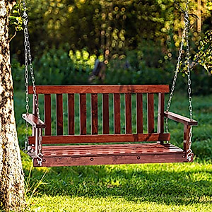 Wooden Porch Swing Chair, 48" Patio Swing Hanging Chair Outdoor Swings for Adults/Kids, Heavy Duty Swing Outdoor Swing with Hanging Chains & Reclined Backrest for Outdoor Patio Garden Yard, 800 lbs