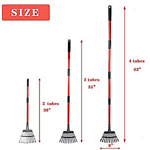 Adjustable Garden Rake for Leaves,38”-63”Long Handle Garden Rake,Expanding Metal 11 Tines Shrub Rake,Lightweight Heavy Duty Handle Thatch Rake,Professional Lawn Rake to Collect Leaf & Poop among Yards