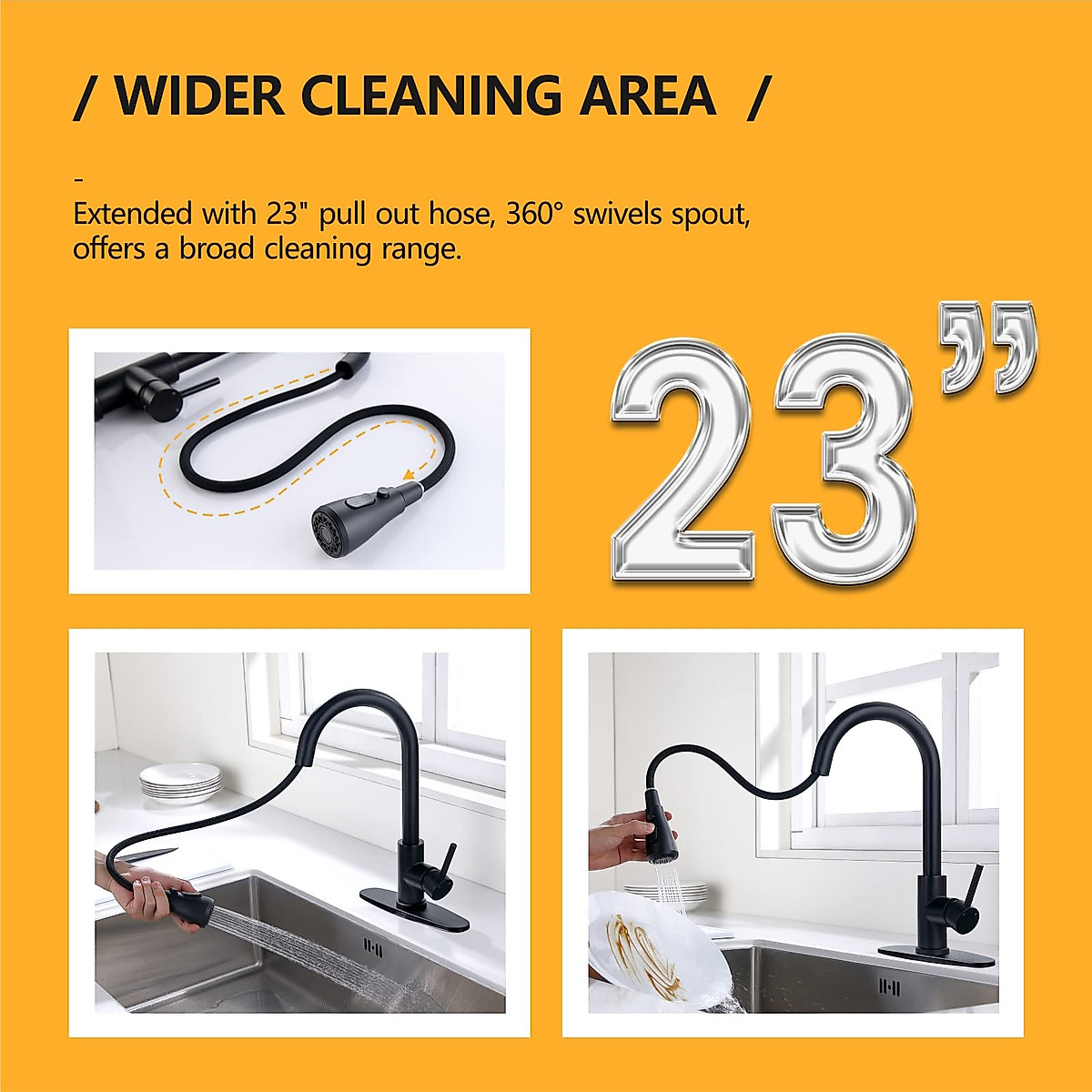 Hiqufet Black Kitchen Faucet with Pull Down Sprayer, Kitchen Sink Faucet with Pull Out Sprayer Fingerprint Resistant Including Escutcheon Plate