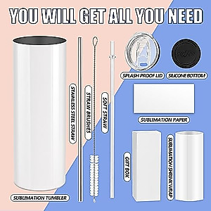Griart 8 Pack 20 oz Sublimation Tumbler Blank Bulk Skinny Straight Hot & Cold Double Wall Insulated Tumbler with White Boxed,Lid,Plastic & Metal Straw,Rubber Bottom,Brush,Sublimation Paper,Shrink Wrap