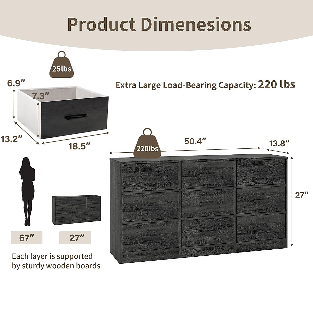 YMBSBUY 6 Drawer Dresser for Bedroom,Wood Chest of Drawers,Black Dresser TV Stand with Steel Frame for Storage and Organization,Large Fabric Dresser for Kids Bedroom,Living Room, Nursery,Closet