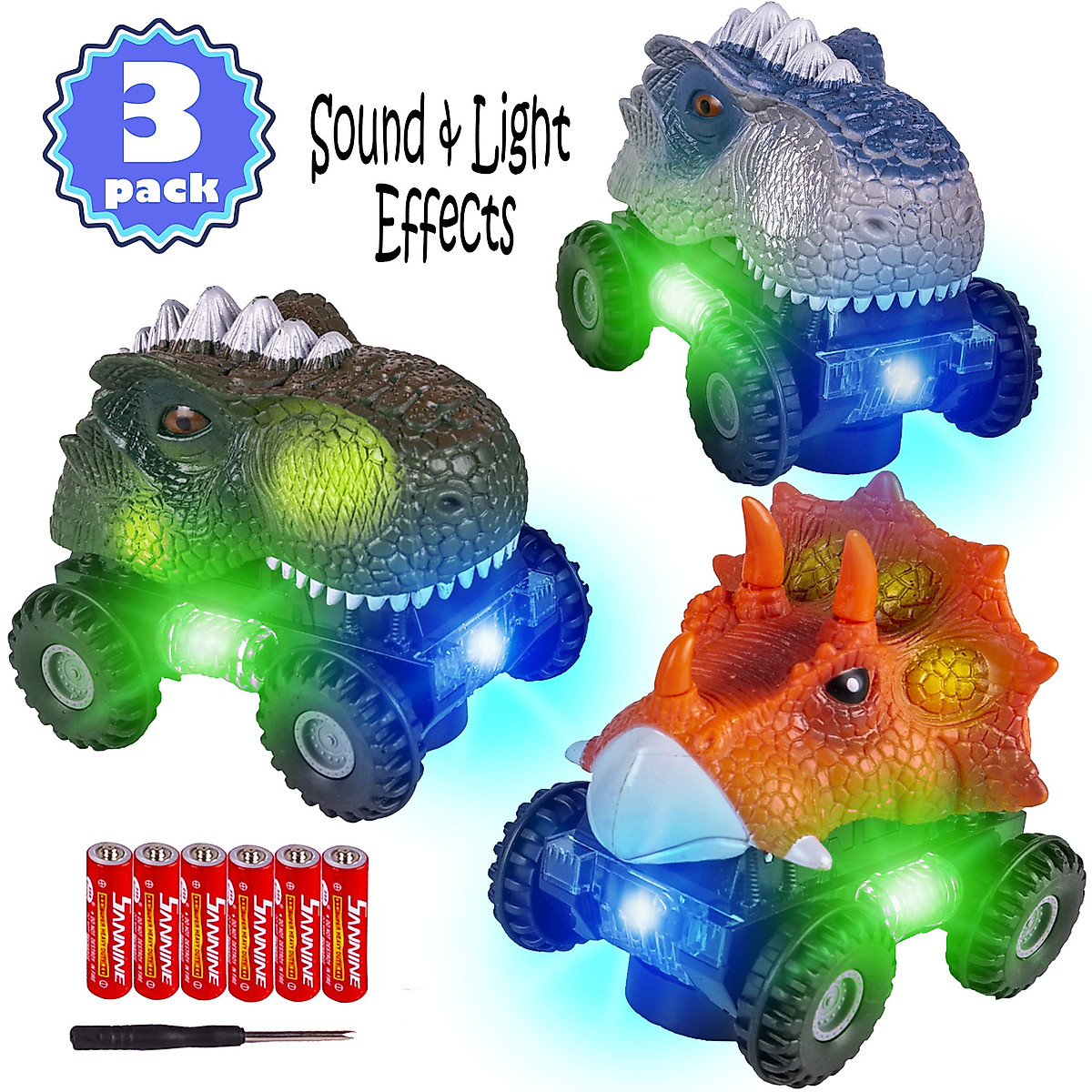 Dinosaur Cars with LED Light & Sound Dino Car Toys Car Gifts Animal Vehicles Monster Truck Playset for Boys Girls Toddles Kids Birthday Gifts Classroom Prize (3 Pack)