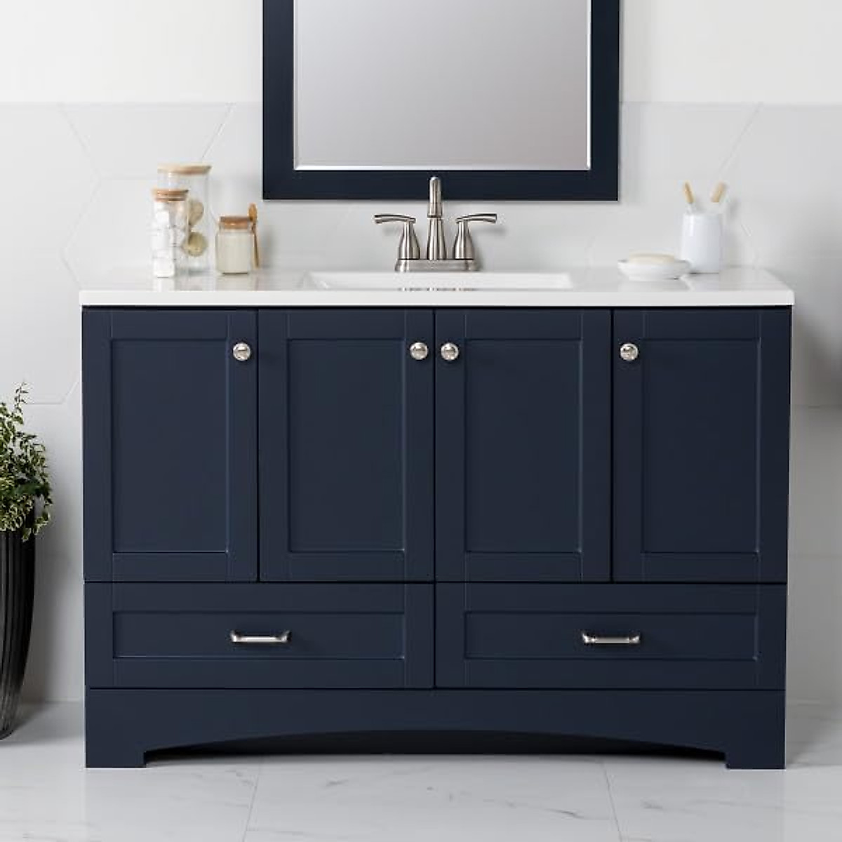 Spring Mill Cabinets Emlyn 48 Inch Bathroom Vanity with White Single Sink Top, 3 Cabinets, 2 Shelves, 2 Drawers, 48.5" W x 18.75" D x 32.89" H, Deep Blue