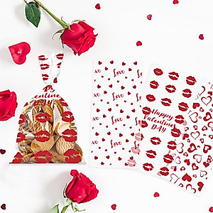 Hying 150 PCS Happy Valentine's Day Cellophane Bags with Twist Ties for Gifts, Love Heart Kiss Cello Treat Bages Valentines Treat Bags for Cookie Candy Goodies Wrapping Supplies