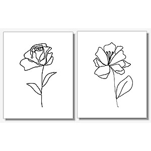 Black and White Wall Art - Flower Line Drawings - Botanical Prints - Abstract Pictures - Set of 4-11x14 - Unframed (11x14)