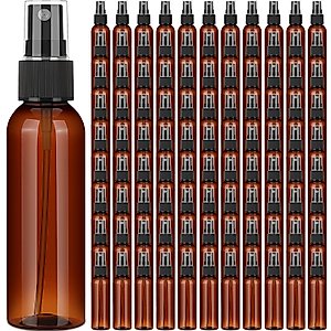 Nuogo 100 Pack Plastic Spray Bottles 2 Oz Reusable Mini Perfume Refillable Bottle Travel Size Mist Bottle Sprayer Empty Spritz Bottle for Household Use, Essential Oil, Cleaning (Amber)