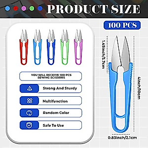 100 Pcs 4" Sewing Scissors for Fabric Cutting Lightweight Yarn Thread Cutter U Shaped Trimming Embroidery Scissors Cross Stitch Thread Snips for Fabric DIY Art Project Household Supplies, Random Color
