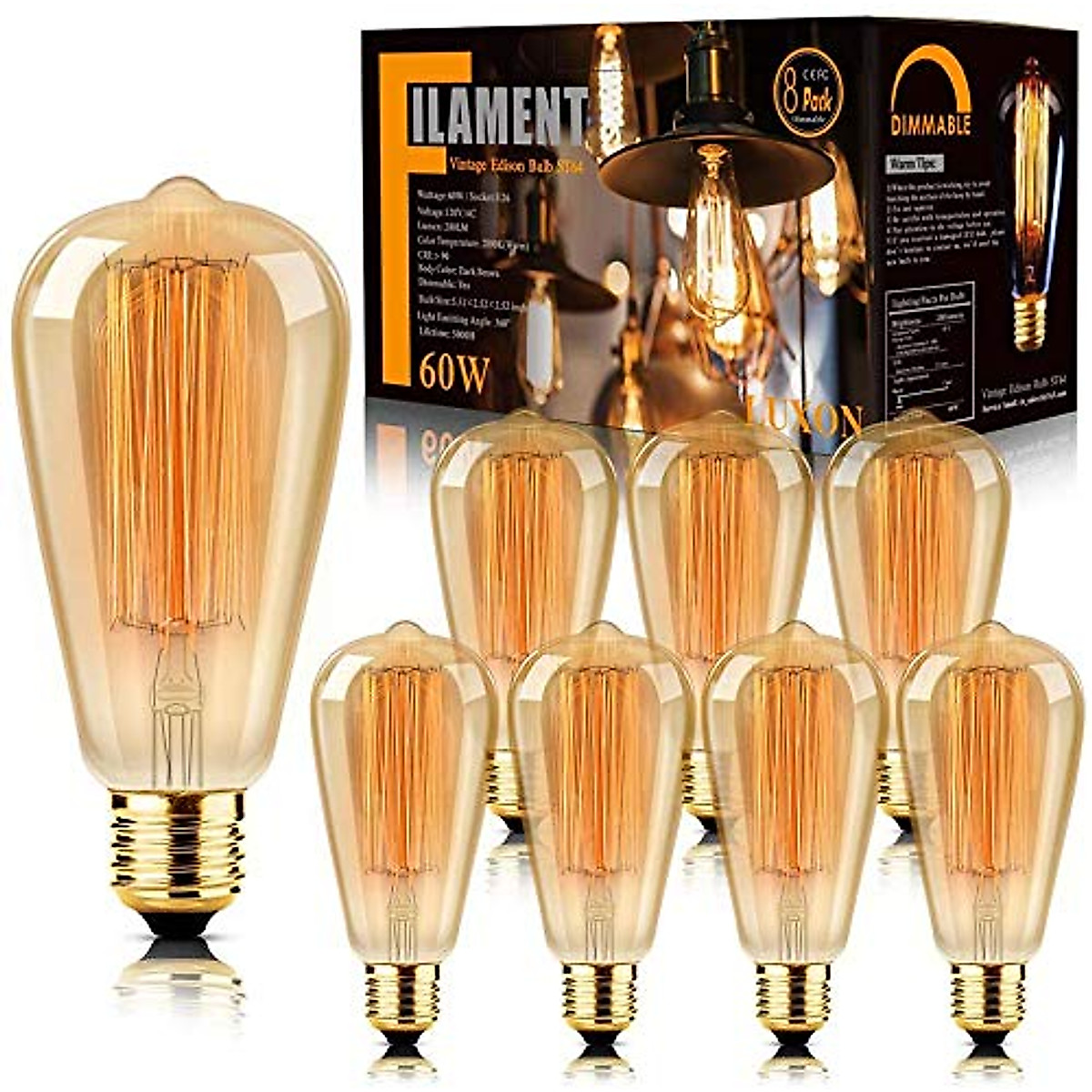 LUXON 8-Pack Edison Bulbs Antique Vintage Style Incandescent Light Bulb Dimmable Amber Warm 60W E26 Base for Wall Sconce Chandelier Retro Fixture