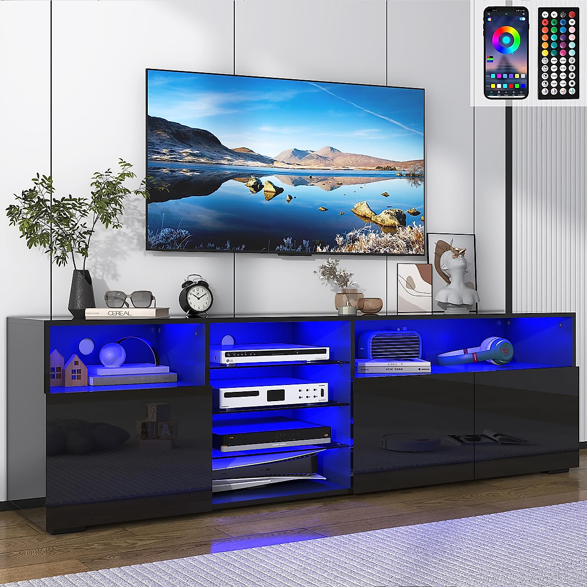 Vinctik 6&Fox 63IN LED TV Stand for 65/70inch TV,High Glossy White TV Stand for Living Room,Modern Gaming Entertainment Center with Storage Drawer,RGB LED Lighting,Modern TV Cabinet(Black)