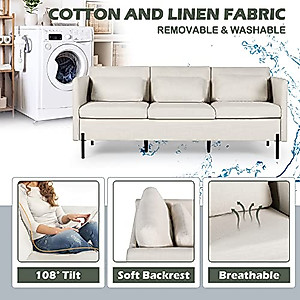 LINLUX 70'' Modern Upholstered Sofa Couch 3 Seater Couches for Living Room Sectional Sofas w/3 Pillows and Iron Legs, Linen Fabric Couch for Small Spaces,Bedroom,Apartment,Dorm,Office,Light Beige
