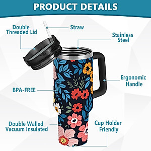 Yasala Car Tumbler with Handle Spring Vivid Flower Travel Mug Coffee Cup Insulated Beverage Container Mega Cup for Hot Cold Drinking Thermos Water Bottle Cupholder Friendly 40 oz